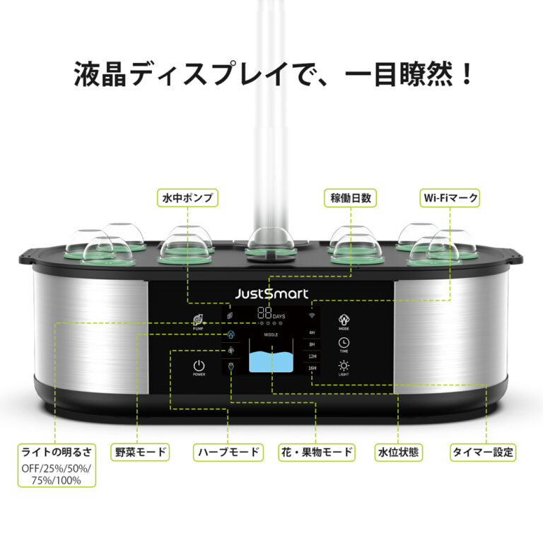 【GS1 Basic】 意匠権登録済 JustSmart 水耕栽培キット スマートフォン連携 IoT型 アプリ操作 タイマー 循環式ポンプ 家庭菜園 プランター - JustSmart